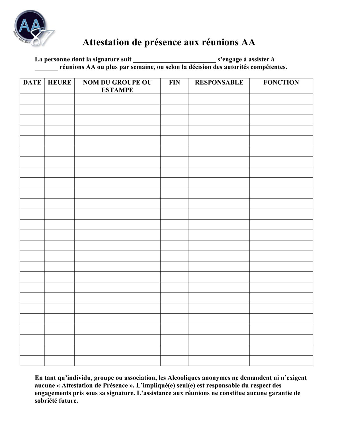 Attestation de présence – Publications Région 87